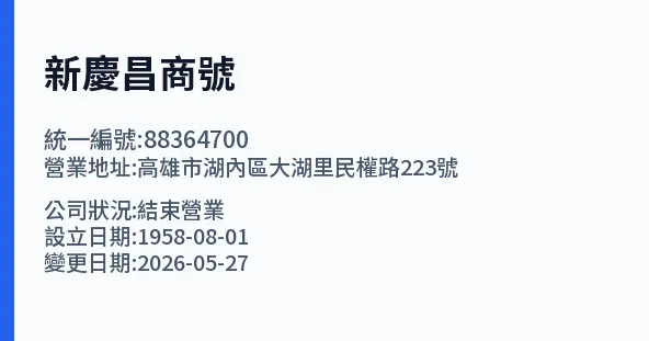 新慶昌商號的照片-統編 88364700(高雄市) 公司登記資料與營業項目詳細圖表