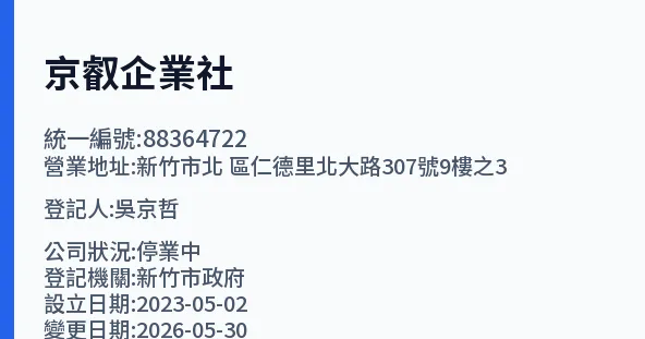 京叡企業社的照片-統編 88364722(新竹市) 公司登記資料與營業項目詳細圖表