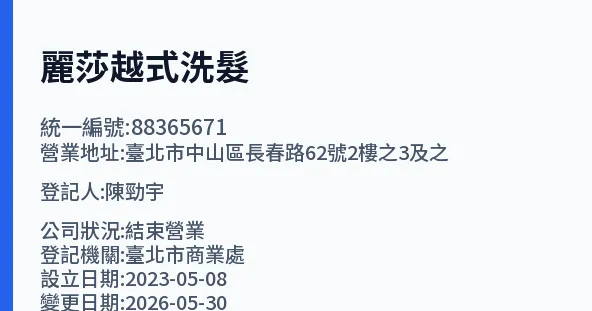 麗莎越式洗髮的照片-統編 88365671(臺北市) 公司登記資料與營業項目詳細圖表