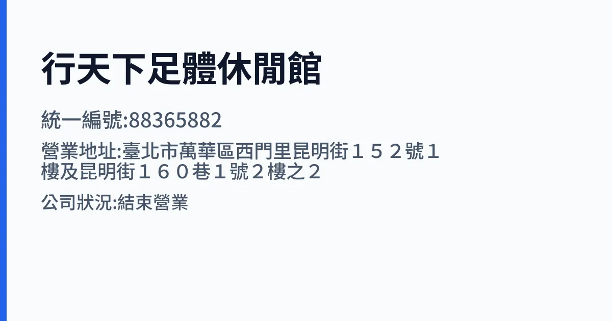 行天下足體休閒館 - 統編 88365882(臺北市) 公司登記資料與營業項目詳細圖表