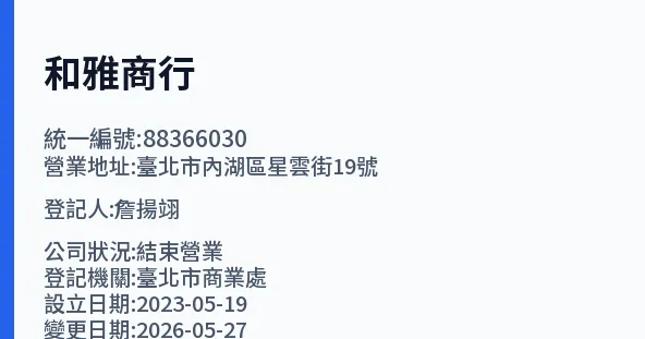 和雅商行的照片-統編 88366030(臺北市) 公司登記資料與營業項目詳細圖表
