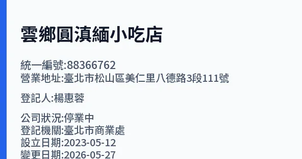 雲鄉圓滇緬小吃店的照片-統編 88366762(臺北市) 公司登記資料與營業項目詳細圖表