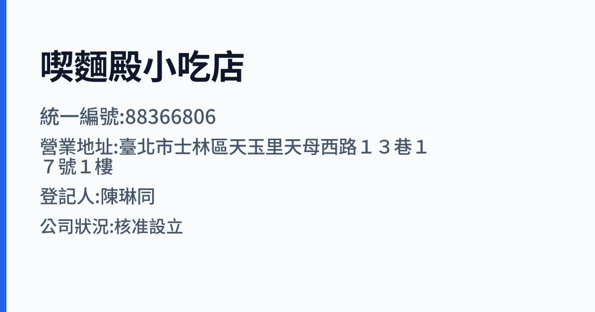 喫麵殿小吃店 - 統編 88366806(臺北市) 公司登記資料與營業項目詳細圖表