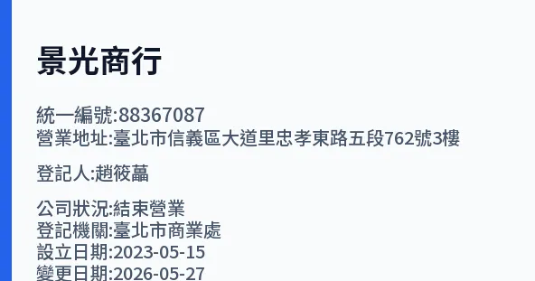 景光商行的照片-統編 88367087(臺北市) 公司登記資料與營業項目詳細圖表