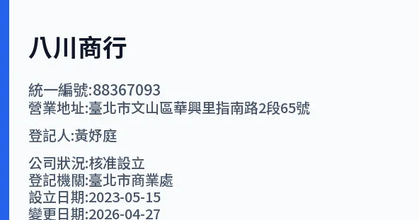 八川商行的照片-統編 88367093(臺北市) 公司登記資料與營業項目詳細圖表