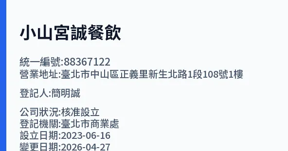 小山宮誠餐飲的照片-統編 88367122(臺北市) 公司登記資料與營業項目詳細圖表