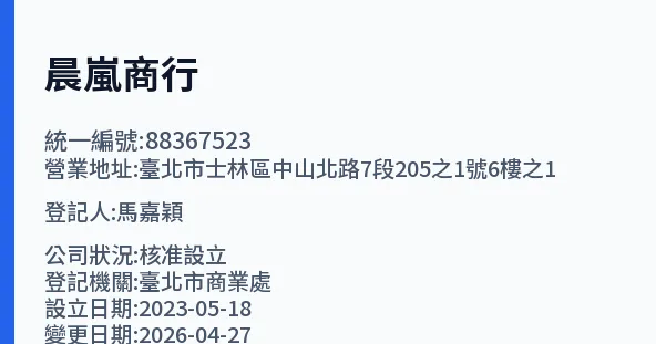 晨嵐商行的照片-統編 88367523(臺北市) 公司登記資料與營業項目詳細圖表