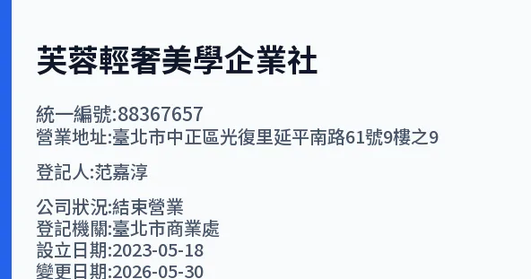 芙蓉輕奢美學企業社的照片-統編 88367657(臺北市) 公司登記資料與營業項目詳細圖表