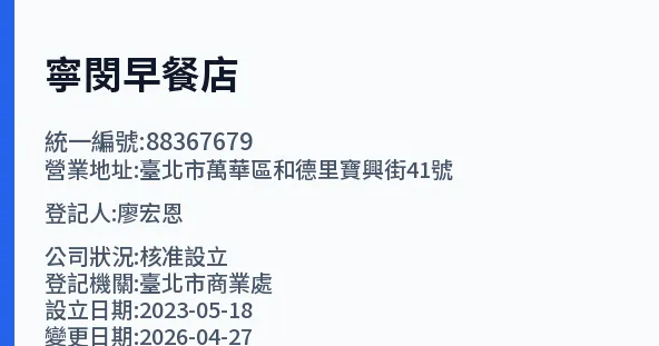 寧閔早餐店的照片-統編 88367679(臺北市) 公司登記資料與營業項目詳細圖表