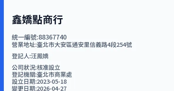 鑫嬌點商行的照片-統編 88367740(臺北市) 公司登記資料與營業項目詳細圖表