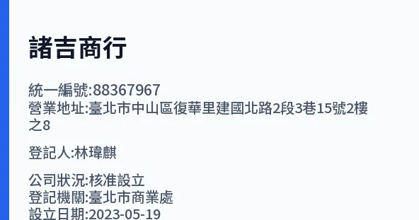 諸吉商行的照片-統編 88367967(臺北市) 公司登記資料與營業項目詳細圖表