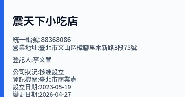 震天下小吃店的照片-統編 88368086(臺北市) 公司登記資料與營業項目詳細圖表
