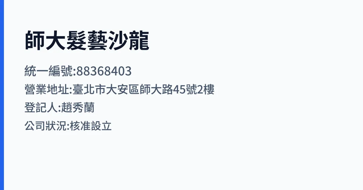 師大髮藝沙龍 - 統編 88368403(臺北市) 公司登記資料與營業項目詳細圖表