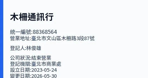 木柵通訊行的照片-統編 88368564(臺北市) 公司登記資料與營業項目詳細圖表