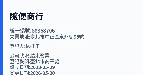 隨便商行的照片-統編 88368706(臺北市) 公司登記資料與營業項目詳細圖表