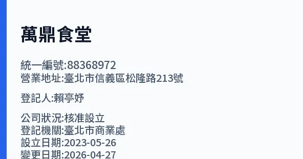 萬鼎食堂的照片-統編 88368972(臺北市) 公司登記資料與營業項目詳細圖表