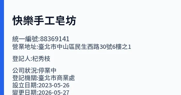 快樂手工皂坊的照片-統編 88369141(臺北市) 公司登記資料與營業項目詳細圖表