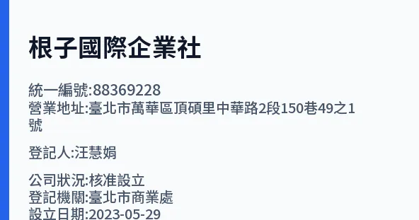 根子國際企業社的照片-統編 88369228(臺北市) 公司登記資料與營業項目詳細圖表
