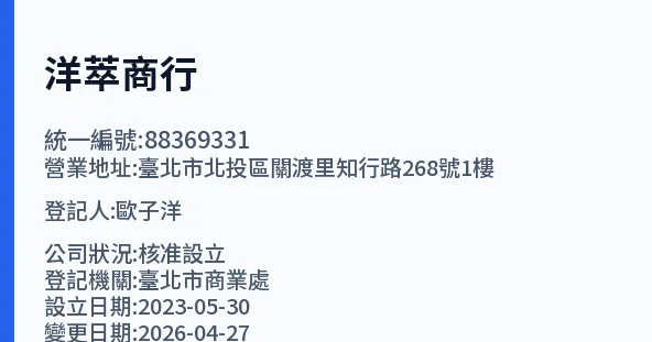 洋萃商行的照片-統編 88369331(臺北市) 公司登記資料與營業項目詳細圖表
