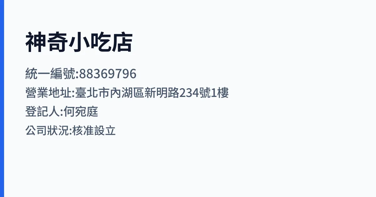 神奇小吃店 - 統編 88369796(臺北市) 公司登記資料與營業項目詳細圖表