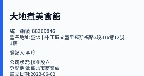 大地煮美食館的照片-統編 88369846(臺北市) 公司登記資料與營業項目詳細圖表
