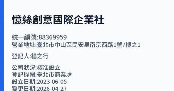 憶絲創意國際企業社的照片-統編 88369959(臺北市) 公司登記資料與營業項目詳細圖表
