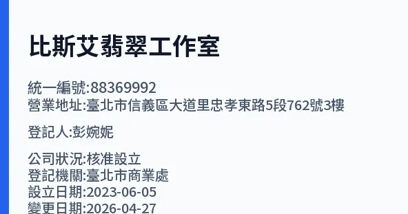 比斯艾翡翠工作室的照片-統編 88369992(臺北市) 公司登記資料與營業項目詳細圖表