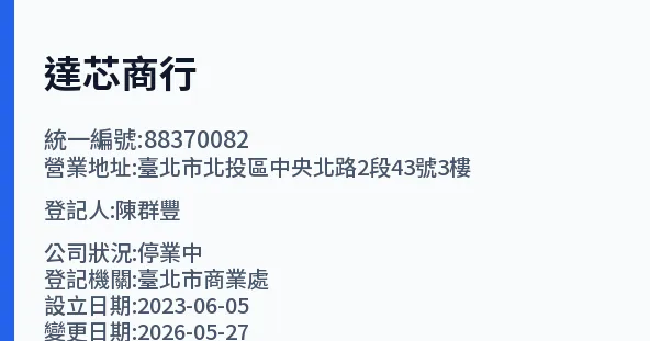 達芯商行的照片-統編 88370082(臺北市) 公司登記資料與營業項目詳細圖表