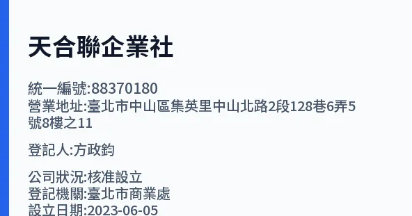 天合聯企業社的照片-統編 88370180(臺北市) 公司登記資料與營業項目詳細圖表