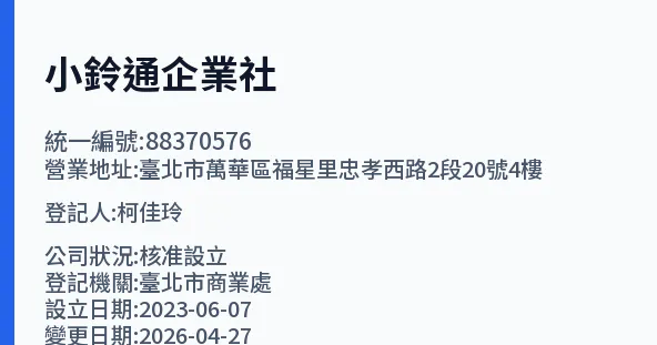 小鈴通企業社的照片-統編 88370576(臺北市) 公司登記資料與營業項目詳細圖表