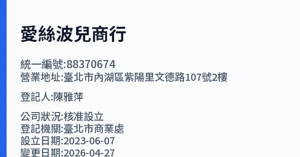 愛絲波兒商行的照片-統編 88370674(臺北市) 公司登記資料與營業項目詳細圖表