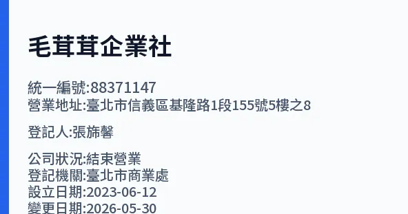 毛茸茸企業社的照片-統編 88371147(臺北市) 公司登記資料與營業項目詳細圖表