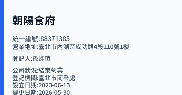 朝陽食府的照片-統編 88371385(臺北市) 公司登記資料與營業項目詳細圖表