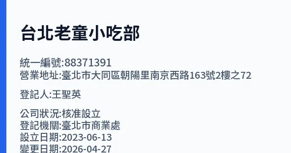 台北老童小吃部的照片-統編 88371391(臺北市) 公司登記資料與營業項目詳細圖表