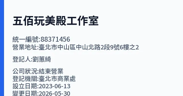 五佰玩美殿工作室的照片-統編 88371456(臺北市) 公司登記資料與營業項目詳細圖表