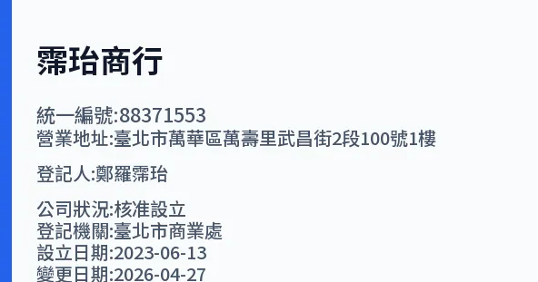 霈珆商行的照片-統編 88371553(臺北市) 公司登記資料與營業項目詳細圖表