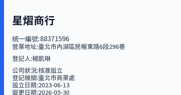 星熠商行的照片-統編 88371596(臺北市) 公司登記資料與營業項目詳細圖表