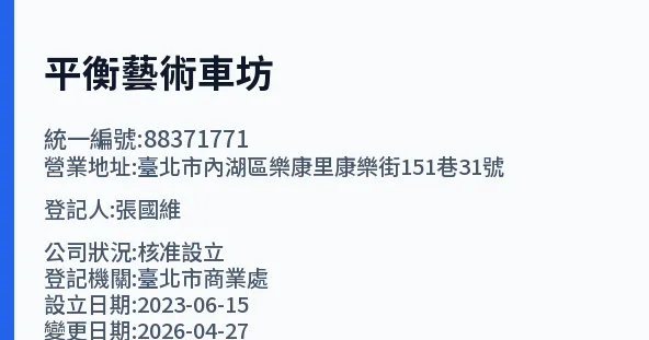 平衡藝術車坊的照片-統編 88371771(臺北市) 公司登記資料與營業項目詳細圖表