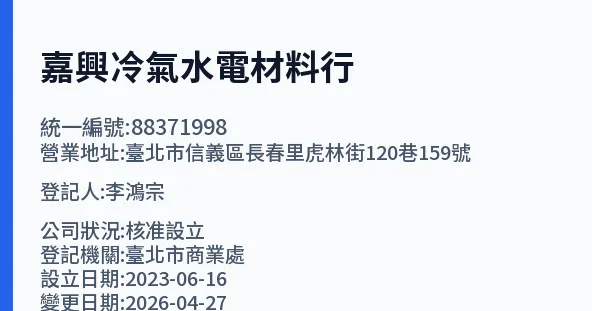 嘉興冷氣水電材料行的照片-統編 88371998(臺北市) 公司登記資料與營業項目詳細圖表