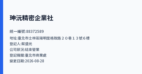 珅沅精密企業社的照片-統編 88372589(臺北市) 公司登記資料與營業項目詳細圖表