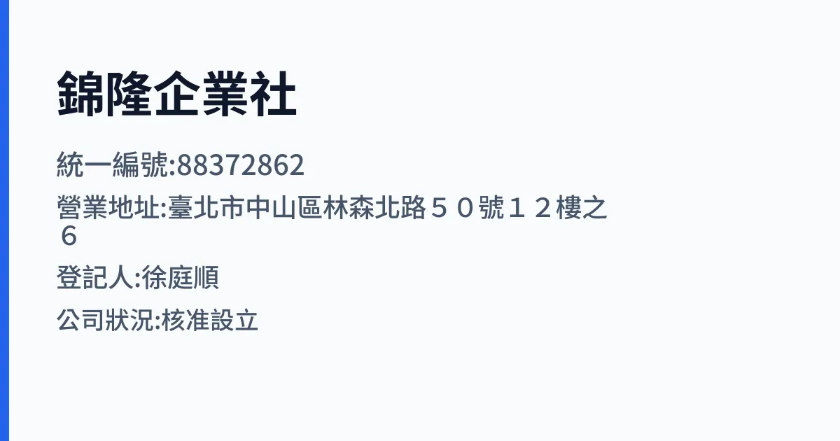錦隆企業社 - 統編 88372862(臺北市) 公司登記資料與營業項目詳細圖表