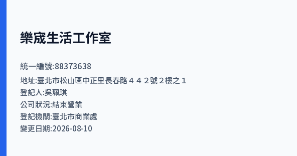 樂宬生活工作室的照片-統編 88373638(臺北市) 公司登記資料與營業項目詳細圖表