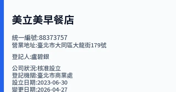美立美早餐店的照片-統編 88373757(臺北市) 公司登記資料與營業項目詳細圖表