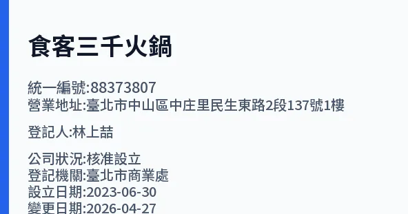 食客三千火鍋的照片-統編 88373807(臺北市) 公司登記資料與營業項目詳細圖表