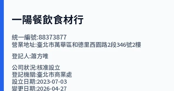一陽餐飲食材行的照片-統編 88373877(臺北市) 公司登記資料與營業項目詳細圖表