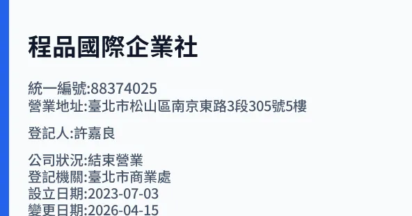程品國際企業社的照片-統編 88374025(臺北市) 公司登記資料與營業項目詳細圖表