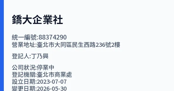 鐈大企業社的照片-統編 88374290(臺北市) 公司登記資料與營業項目詳細圖表