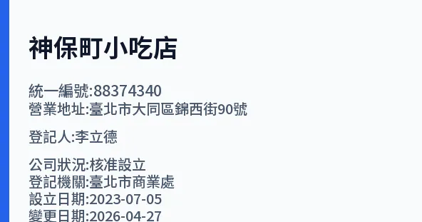 神保町小吃店的照片-統編 88374340(臺北市) 公司登記資料與營業項目詳細圖表