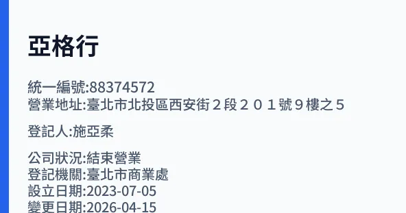 亞格行的照片-統編 88374572(臺北市) 公司登記資料與營業項目詳細圖表