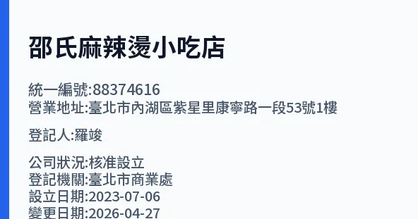 邵氏麻辣燙小吃店的照片-統編 88374616(臺北市) 公司登記資料與營業項目詳細圖表